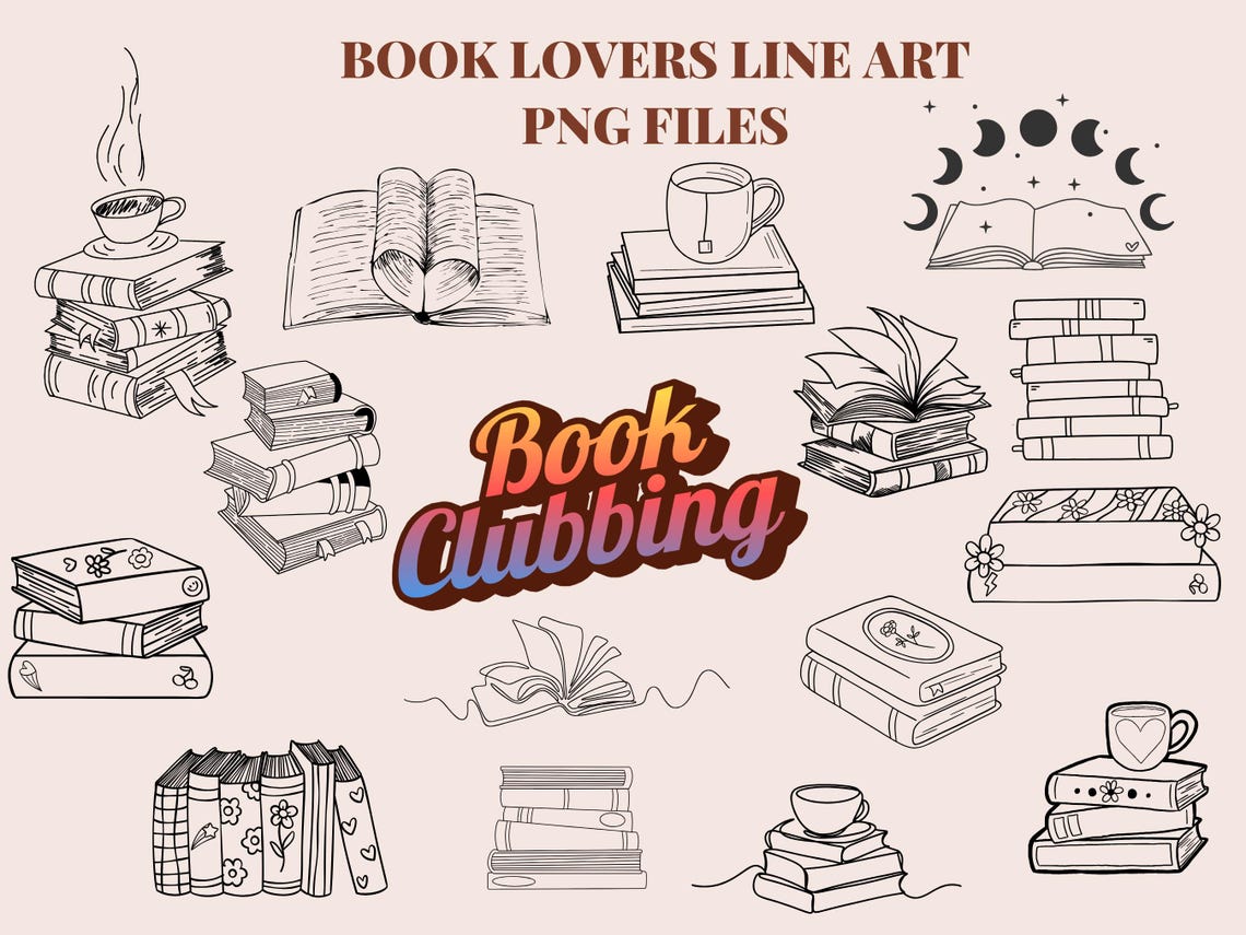 Books Line Art Clipart, Book Lover PNG Set, Book Club PNG, Books Line ...