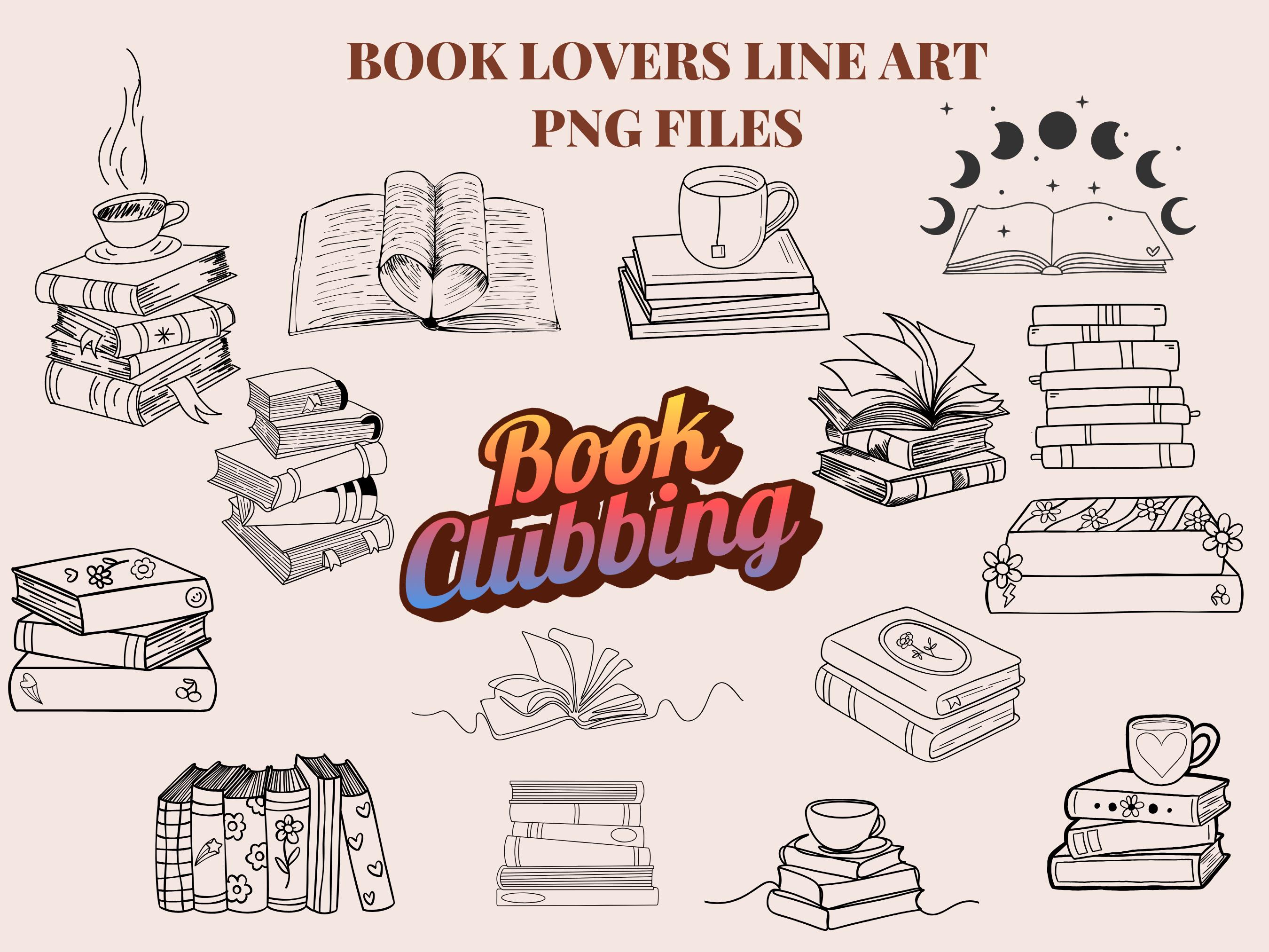 Books Line Art Clipart, Book Lover PNG Set, Book Club PNG, Books Line ...
