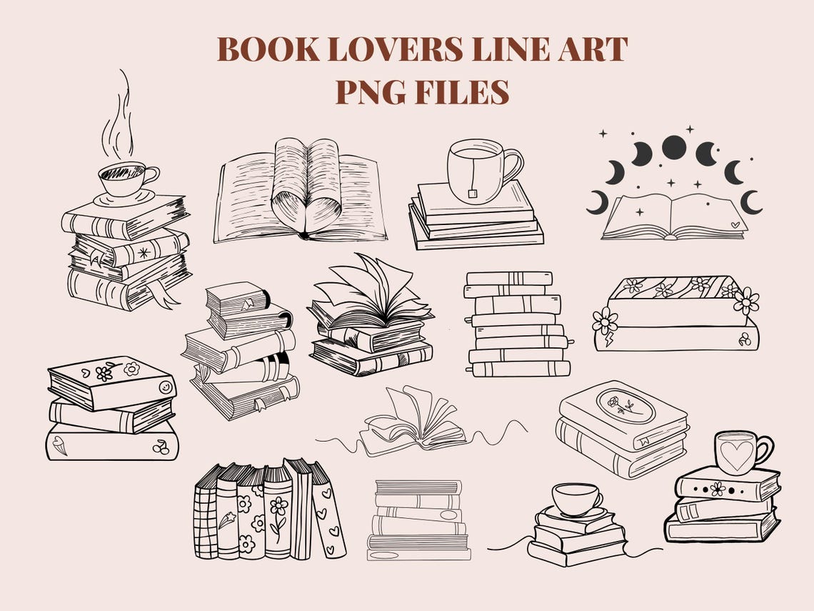 Books Line Art Clipart, Book Lover PNG Set, Book Club PNG, Books Line ...