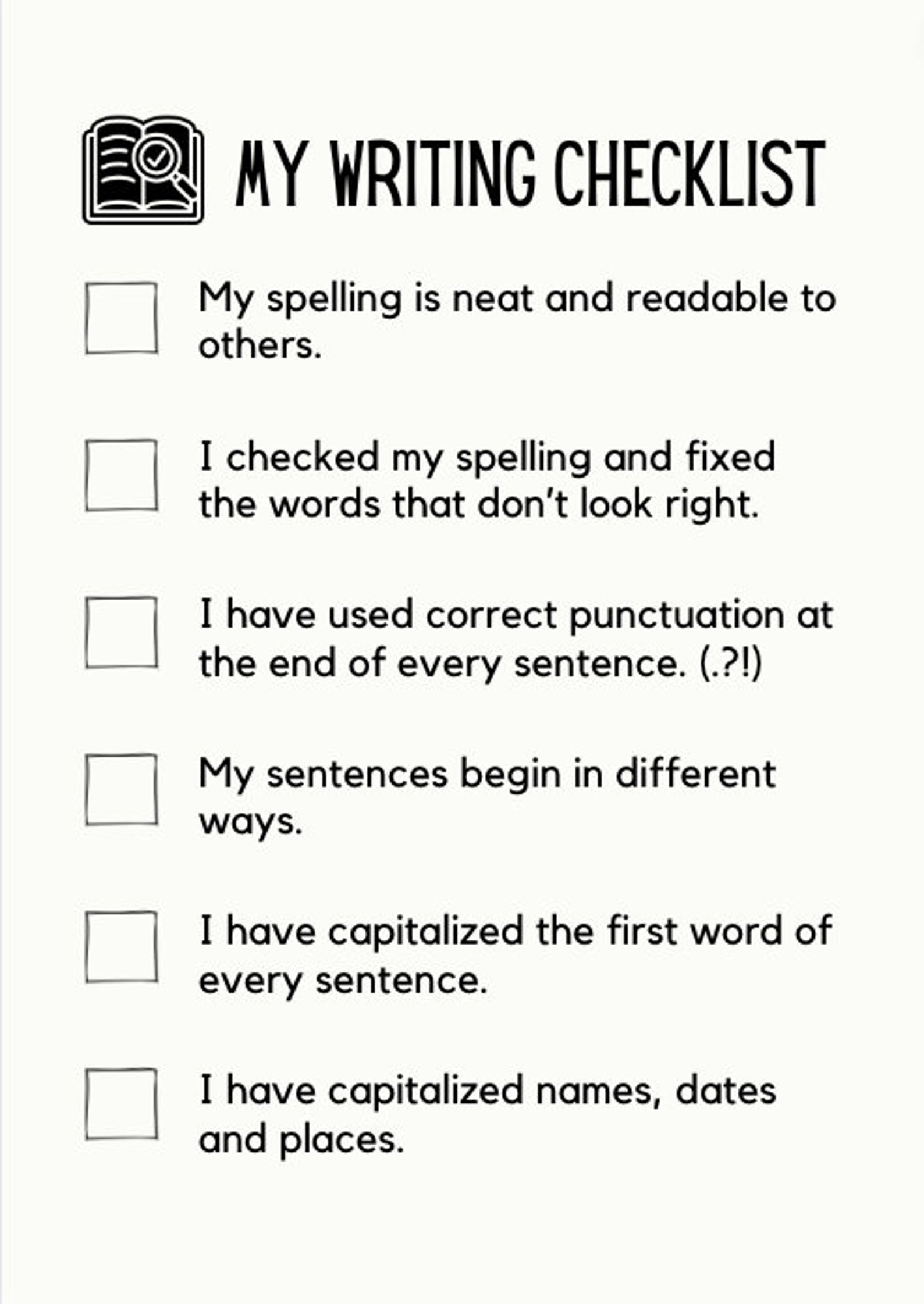 K-5 Writing Checklist: Self-editing Reminders (printable PDF) - Etsy