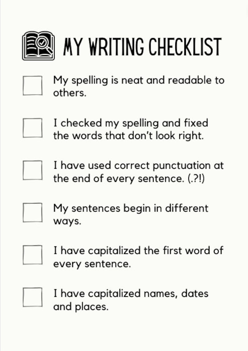 K-5 Writing Checklist, Writing and Editing Checklist for Kids, Self ...