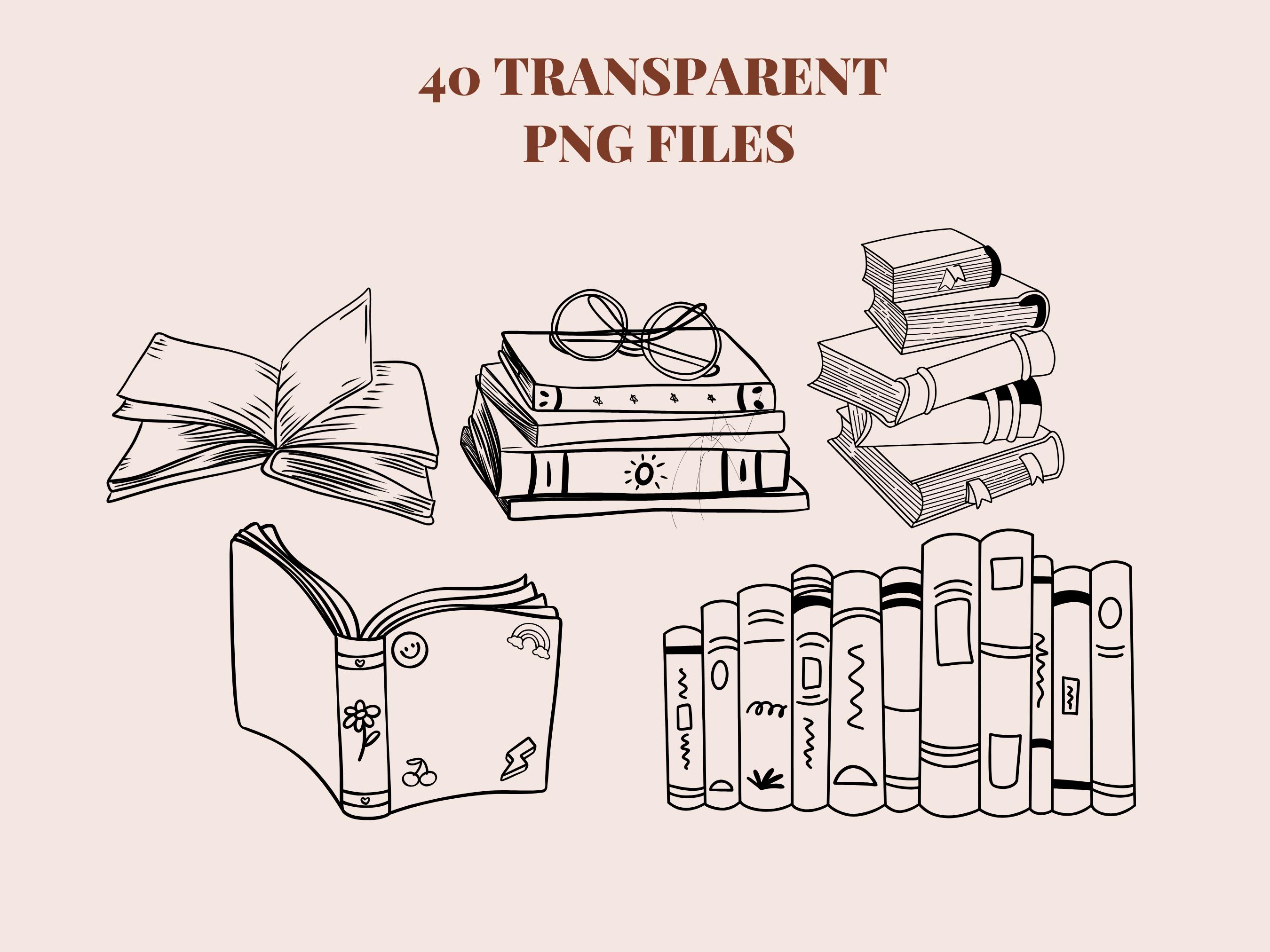 Books Line Art Clipart, Book Lover PNG Set, Book Club PNG, Books Line ...