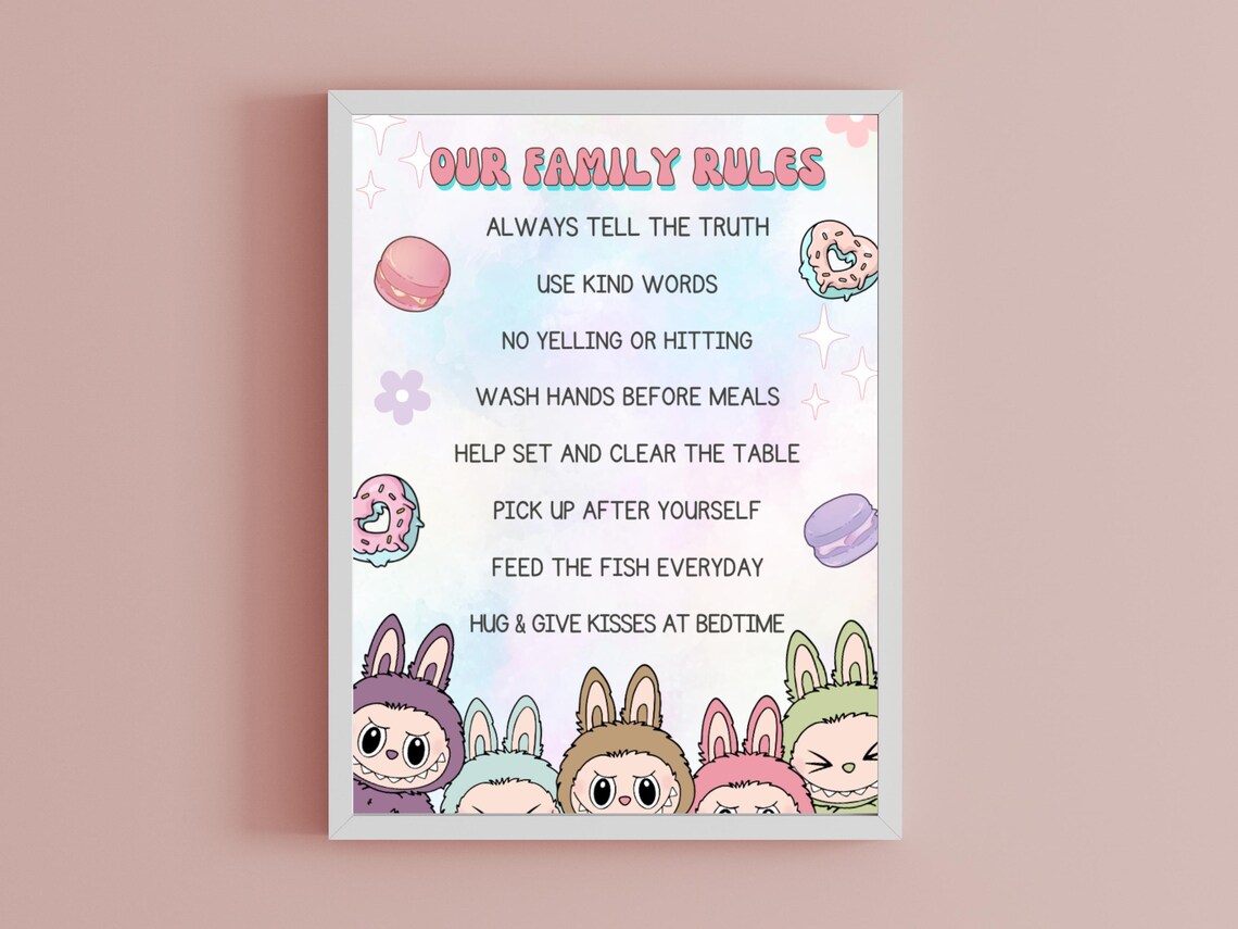 Kids Chore Chart & Family Rules Sign, Printable Checklist, Labubu Theme ...