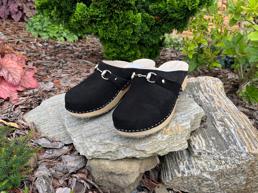 Swedish Wooden Clogs for Women Stylish Black Suede Leather Clogs With ...