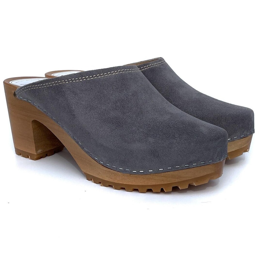 Gray Suede Wooden Heeled Clogs: Handmade Scandinavian Leather Shoes - Etsy