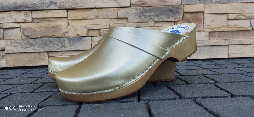 Gold Swedish Wooden Clogs: Leather Mules, Garden Shoes - Etsy