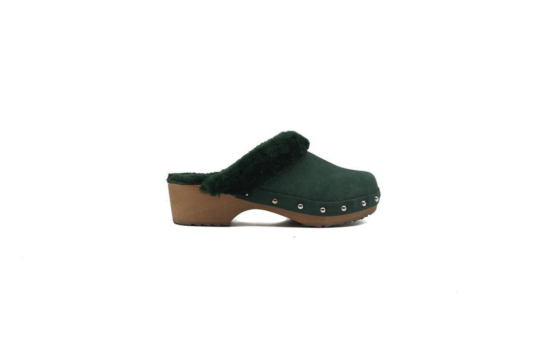 Green Suede Sheepskin Clogs: Wool-lined Winter Mules - Etsy