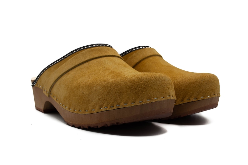 Yellow Suede Swedish Clogs – Handmade Natural Leather Nordic Comfort ...