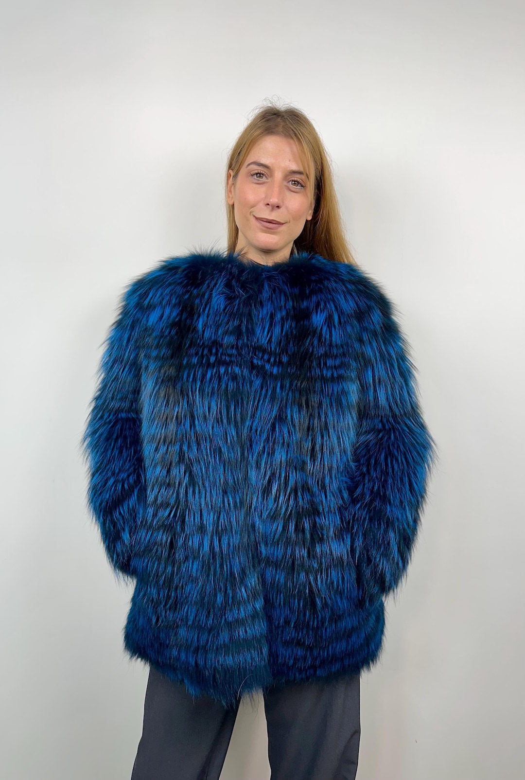 Luxury Blue Fur Jacket, Genuine Fur Fox Jacket, Real Fox Fur, Elegant ...