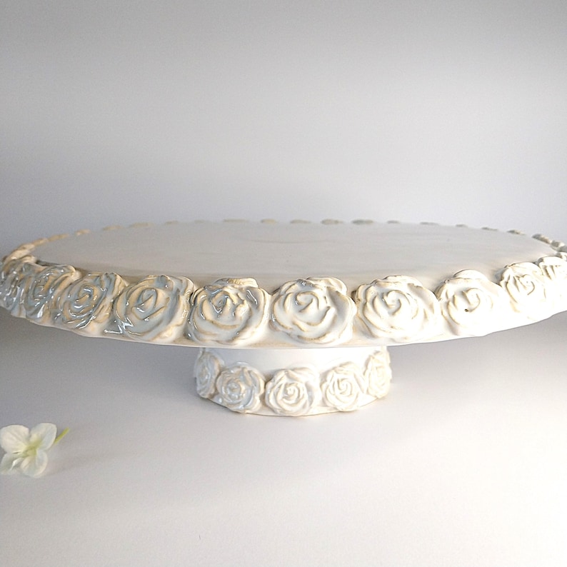 Handmade White Ceramic Cake Stand: Rose Detail, 11.81" Diameter - Etsy