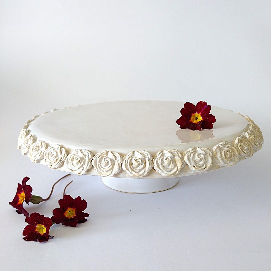 White Ceramic Cake Stand, Cake Stand With White Roses, Handmade Cake ...