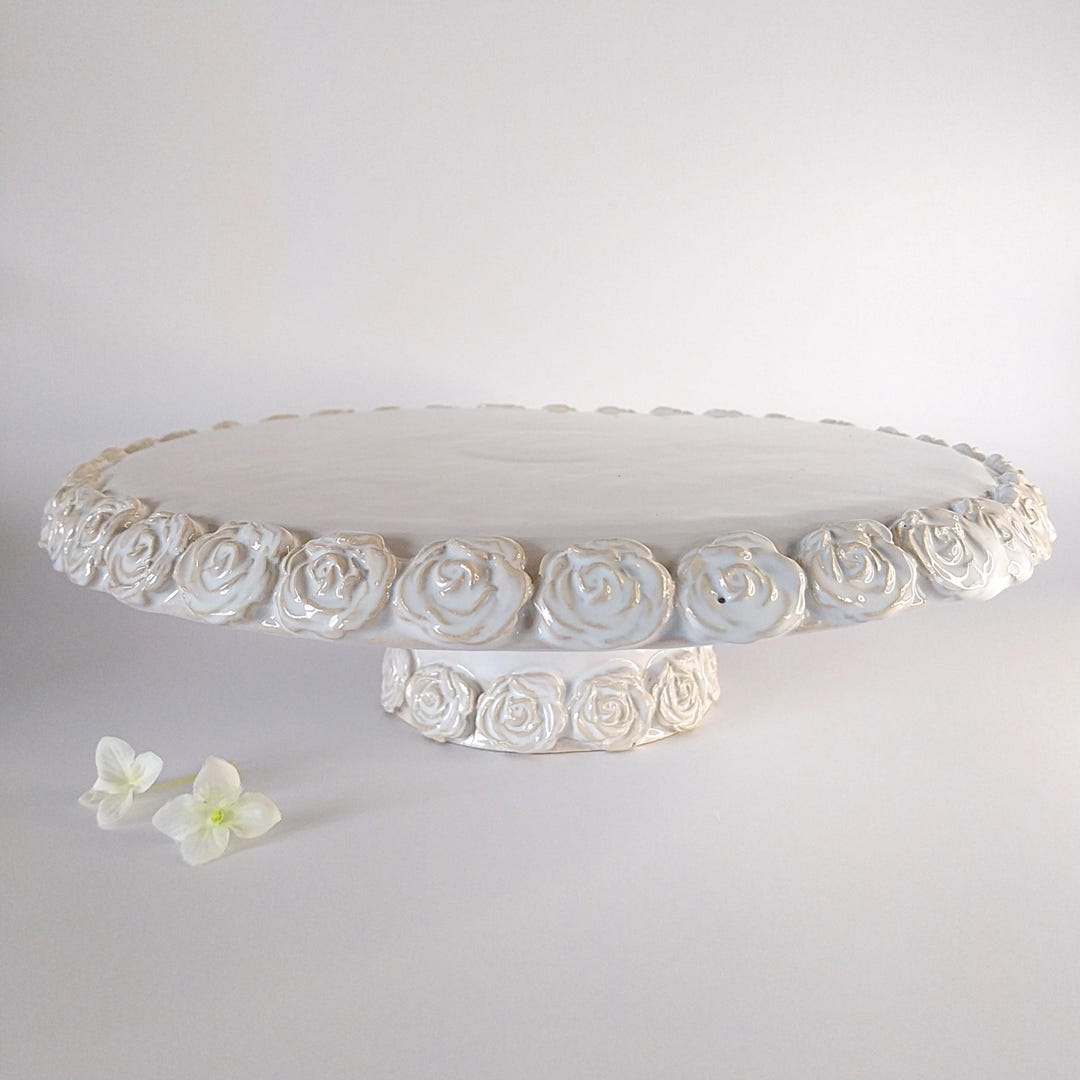 White Ceramic Cake Stand, Cake Stand With White Roses, Handmade Cake ...