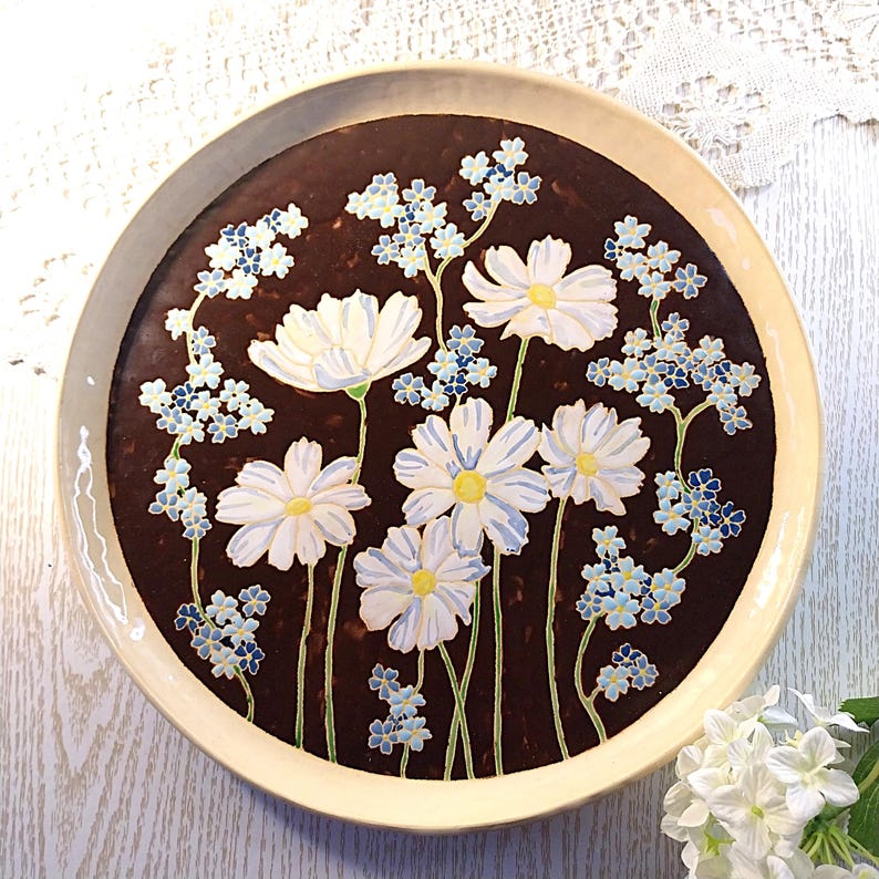 Handmade Plate With Flower Motifs, Floral Pottery, Unique Dinnerware ...