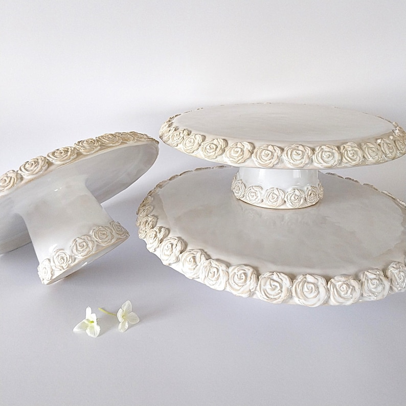 Handmade White Ceramic Cake Stand With Roses - 9.45" - Etsy