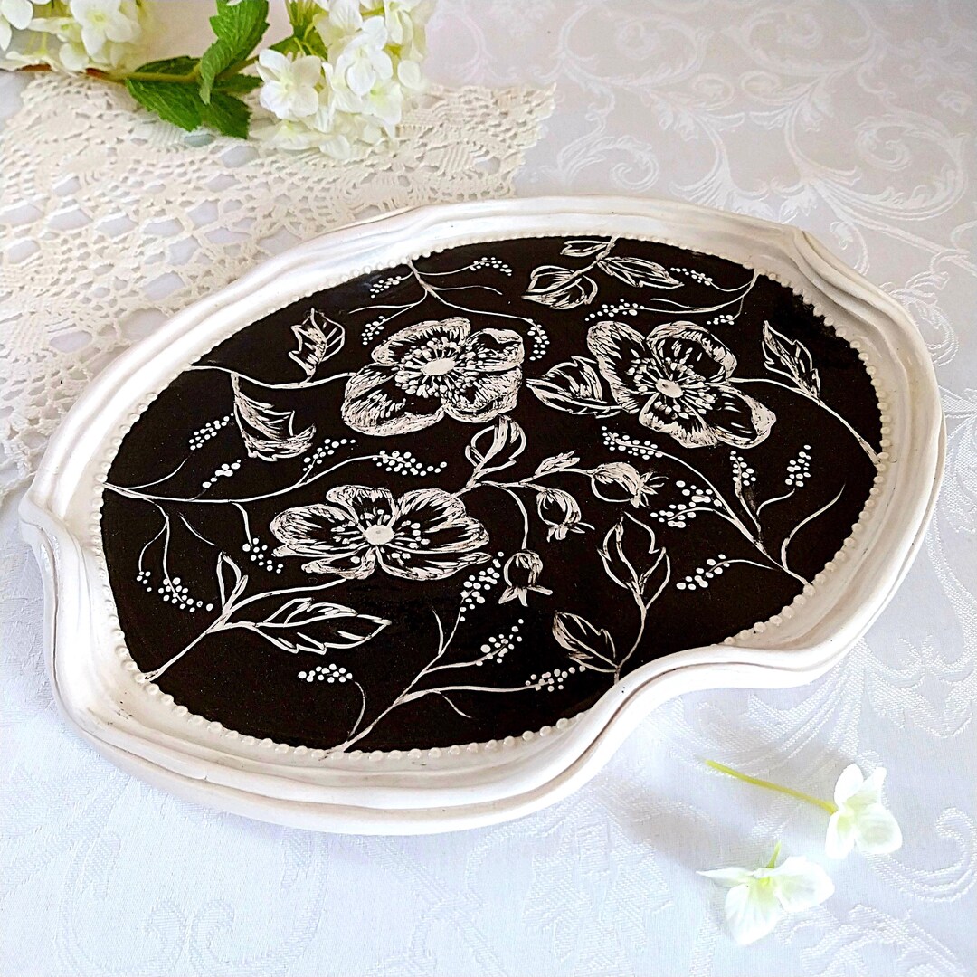 Handmade Floral Ceramic Platter: Sgraffito Black & White Pottery - Etsy