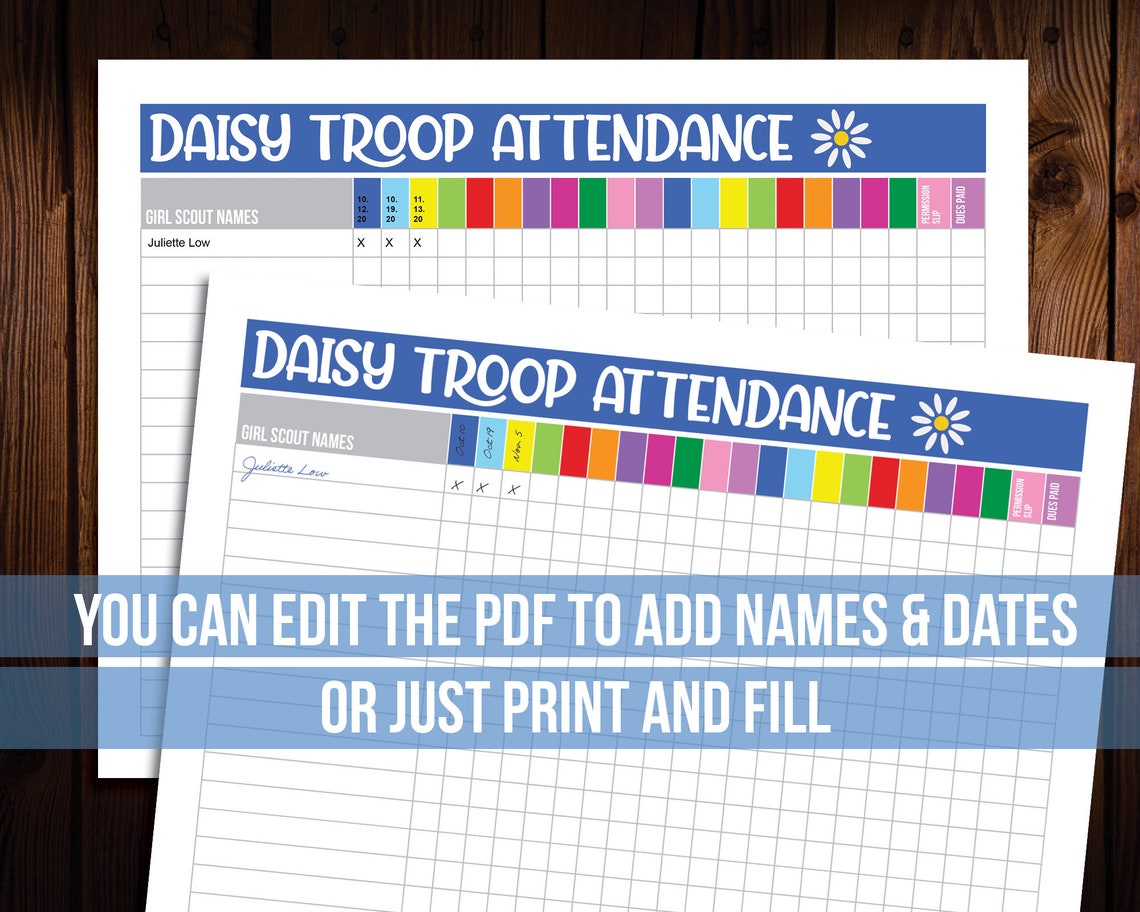 Girl Scout Attendance Sheets Editable Printable - Etsy
