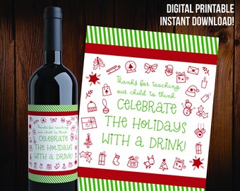 Teacher Gift Printable Christmas Wine Label customizable | Etsy