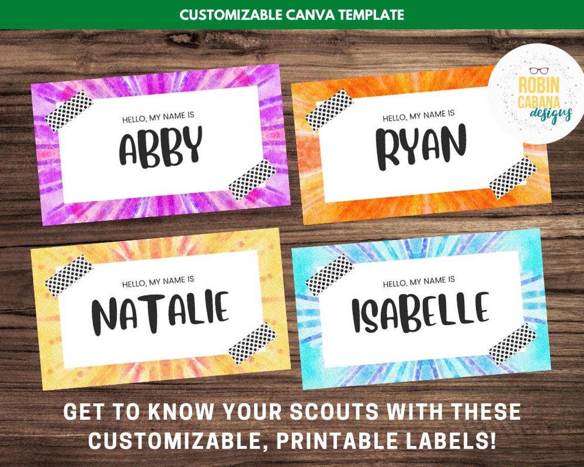 Girl Scout Tie Dye Name Tags Canva Template - Etsy