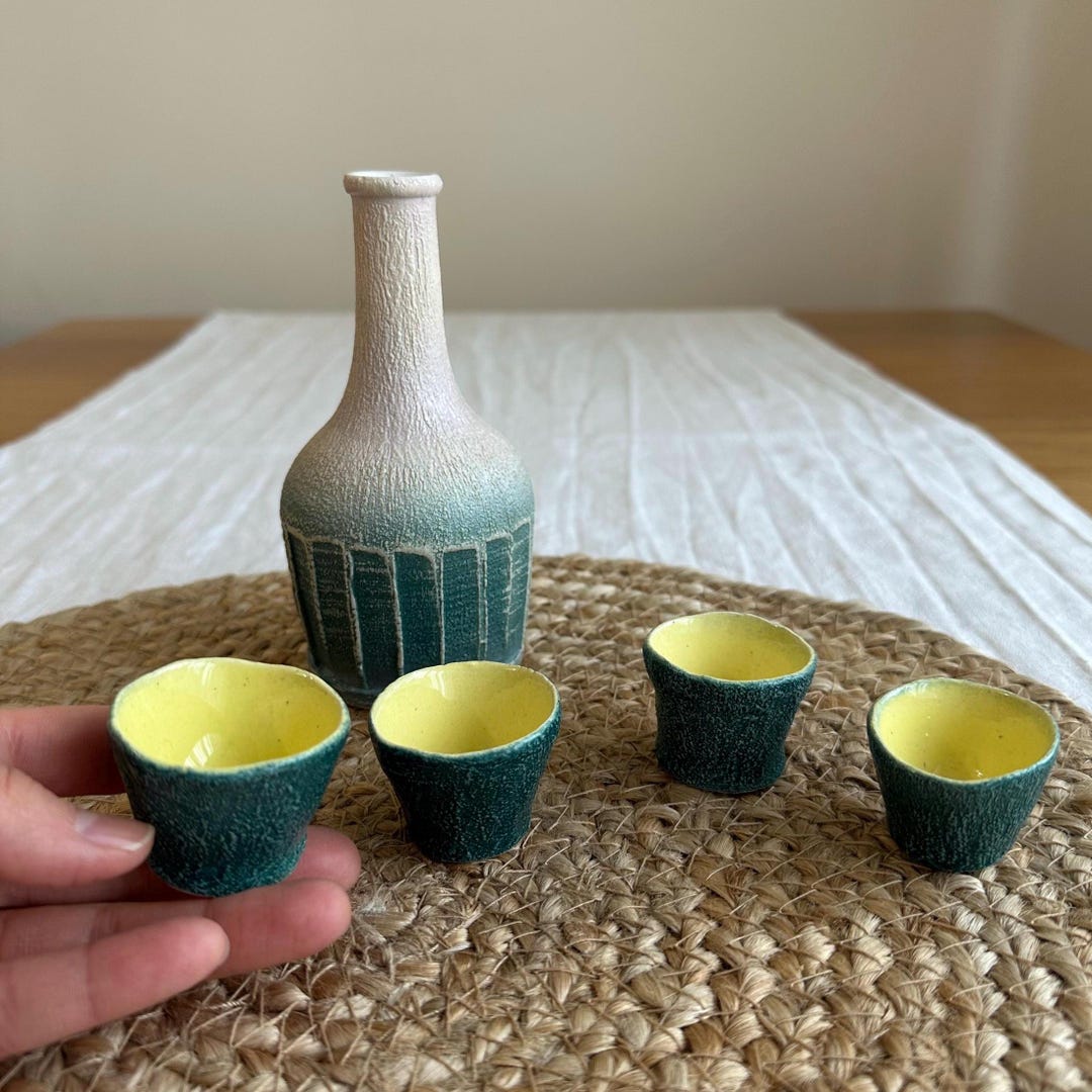 Mini Japandi Sake Set - Wabi-sabi Handmade Ceramic Bottle & 4 Tiny Cups ...