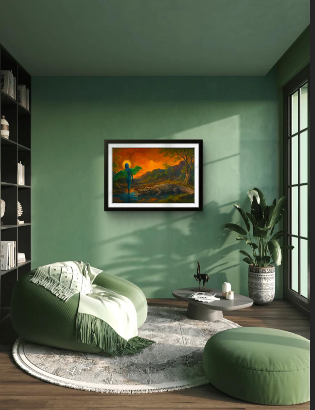Surrealist Sunset River Print: Winged Figure, Alligator Art - Etsy