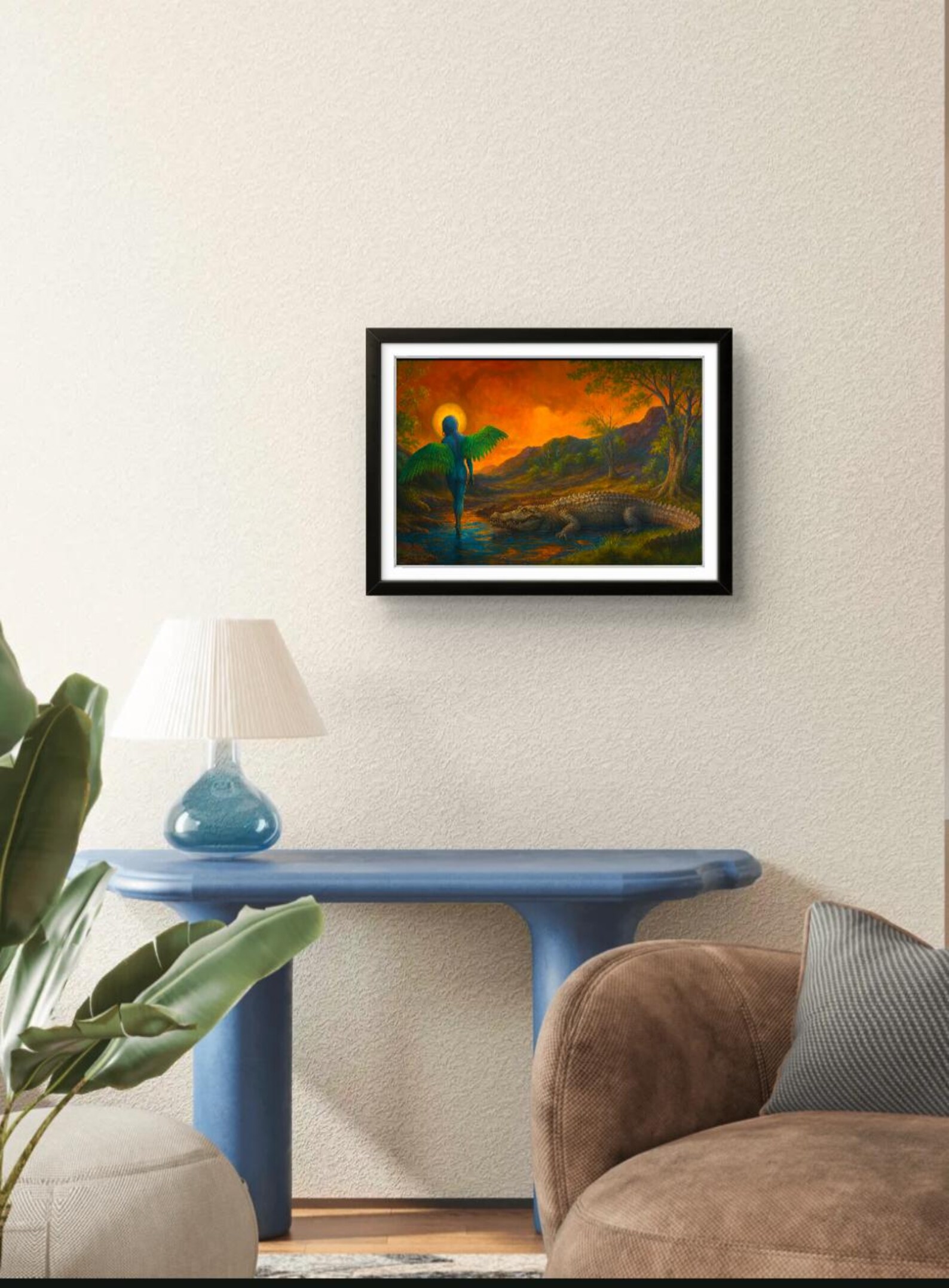 Surrealist Sunset River Print: Winged Figure, Alligator Art - Etsy