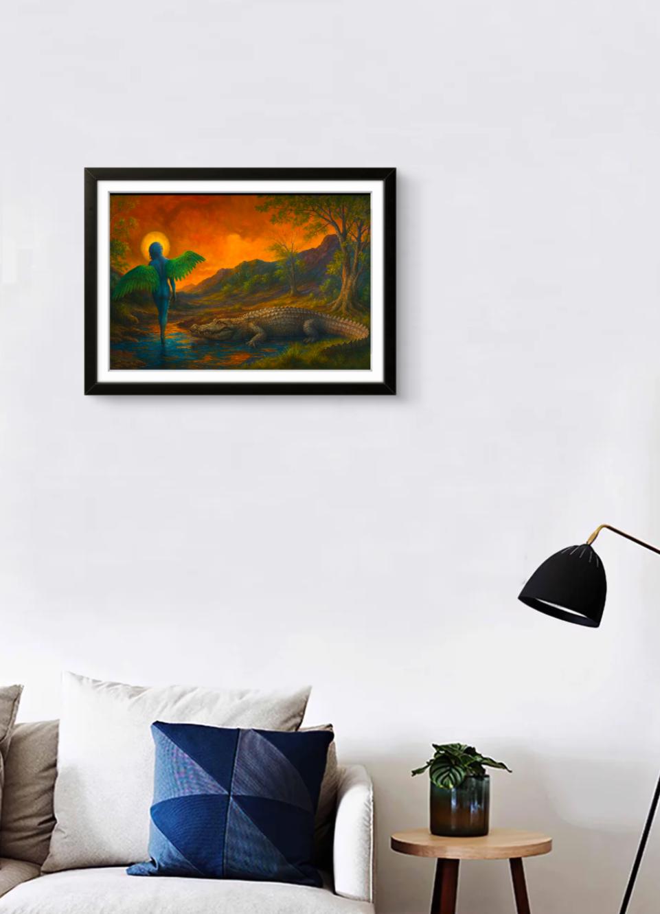 Surrealist Sunset River Print: Winged Figure, Alligator Art - Etsy