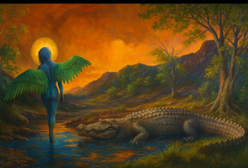 Surrealist Sunset River Print: Winged Figure, Alligator Art - Etsy