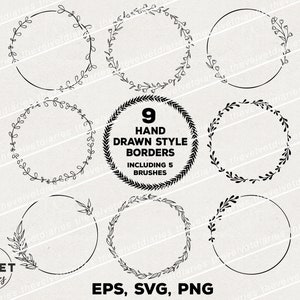 Floral Botanical Border Wreaths Monogram Leaves Hand Drawn Vector and ...