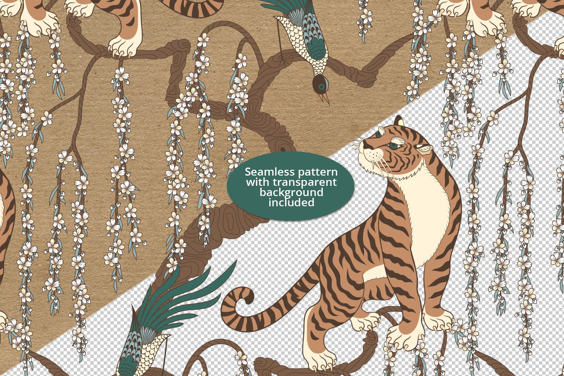 Tiger Under a Flowering Tree, Chinoiserie, Repeating Pattern in Chinese ...