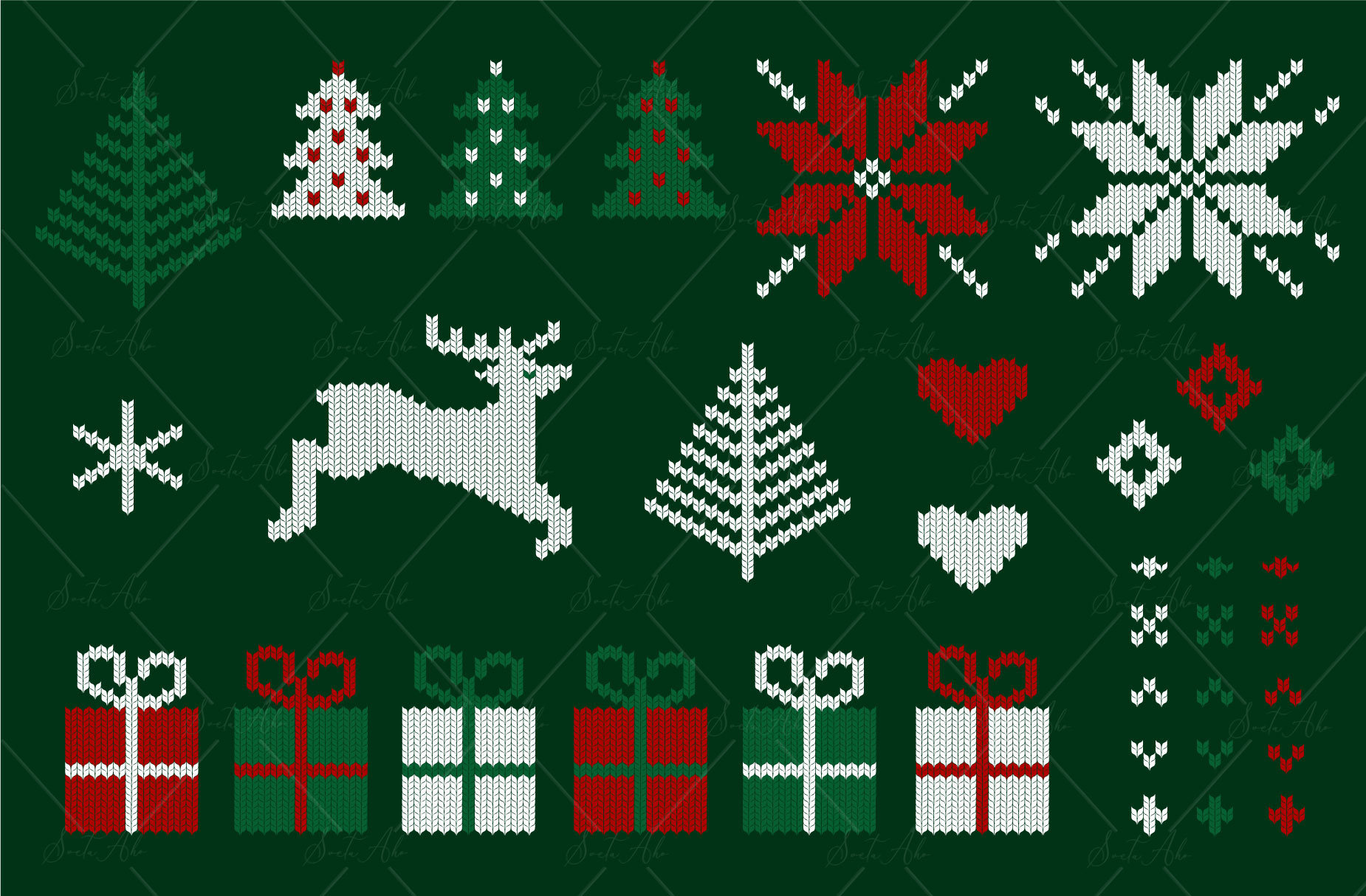 Christmas Knitted Elements, Cliparts and Seamless Patterns, Vector and ...