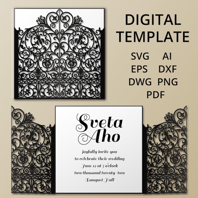 Gate Fold Wedding Invitation SVG Template | Laser Cut Ornate Gates Card ...