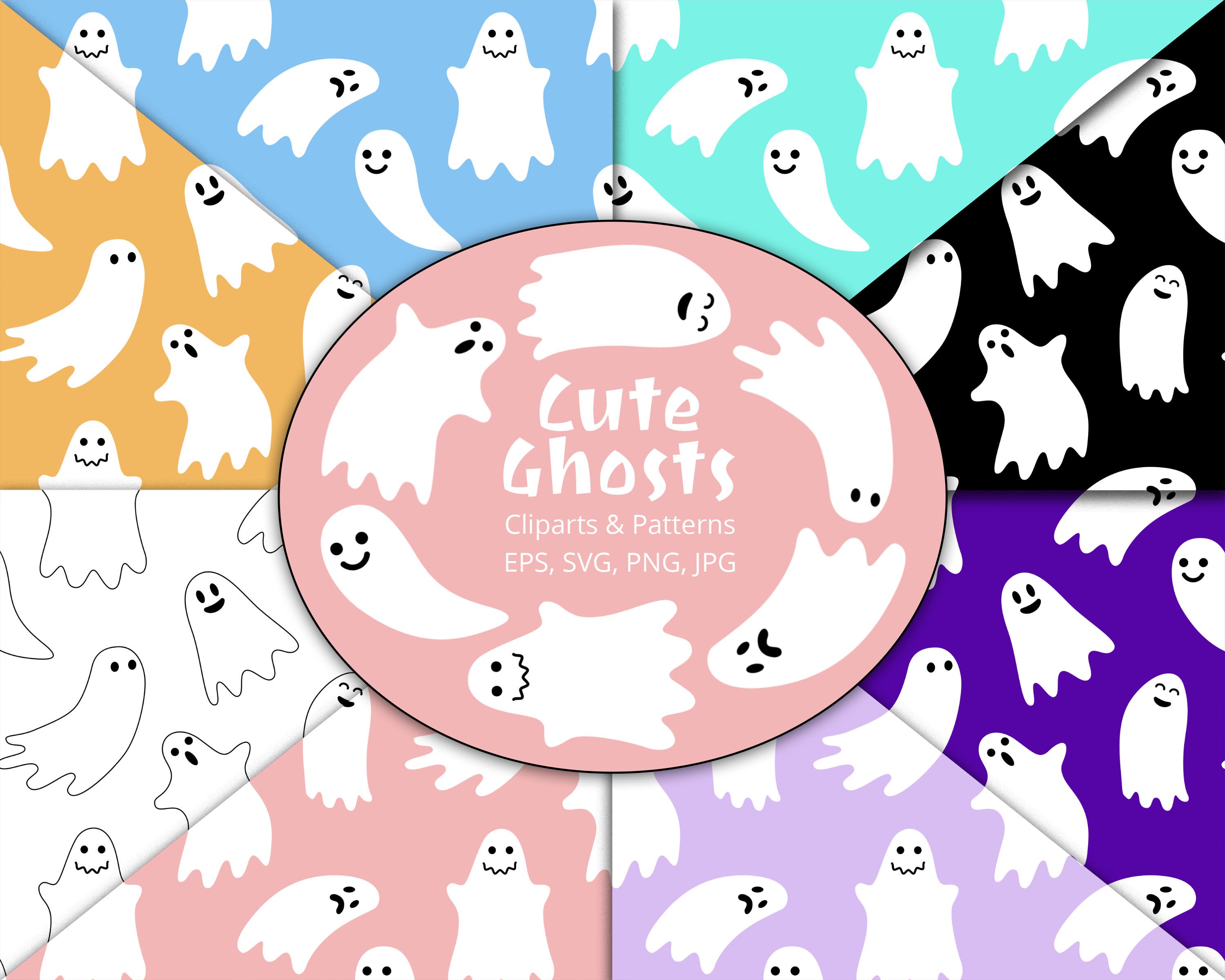 Cute Ghosts in Pastel Colors, Cliparts and Seamless Patterns, Vector ...