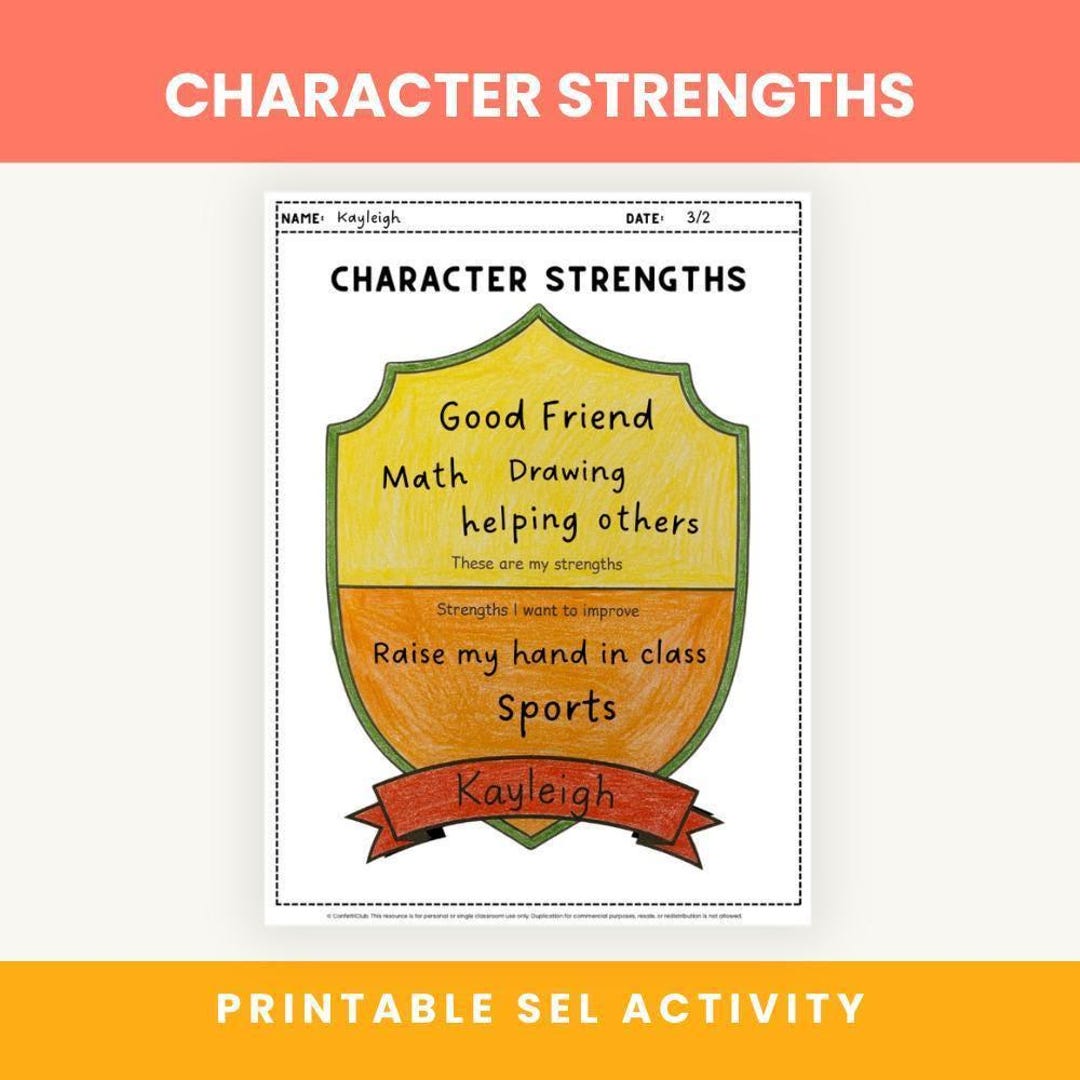 Character Strengths Worksheet | SEL Printable Shield Activity for Kids ...