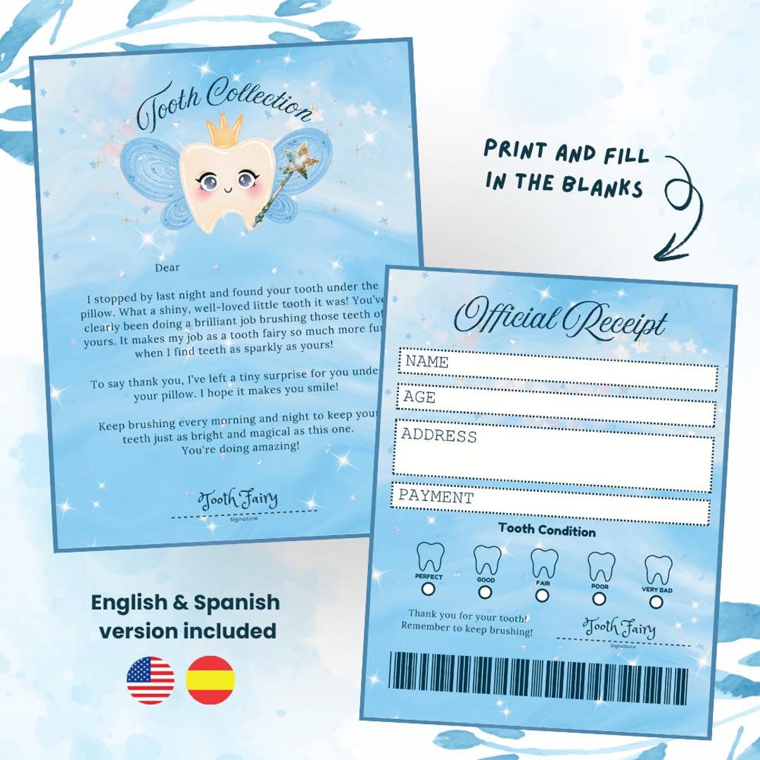 Tooth Fairy Letter & Receipt Set – Blue Printable Lost Tooth Note for ...
