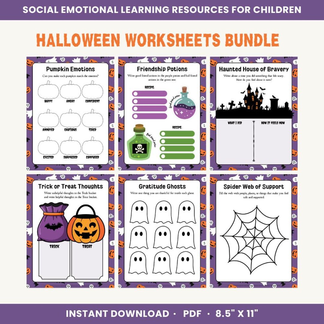 Halloween SEL Activities: Printable Worksheets for Kids (PDF) CBT ...