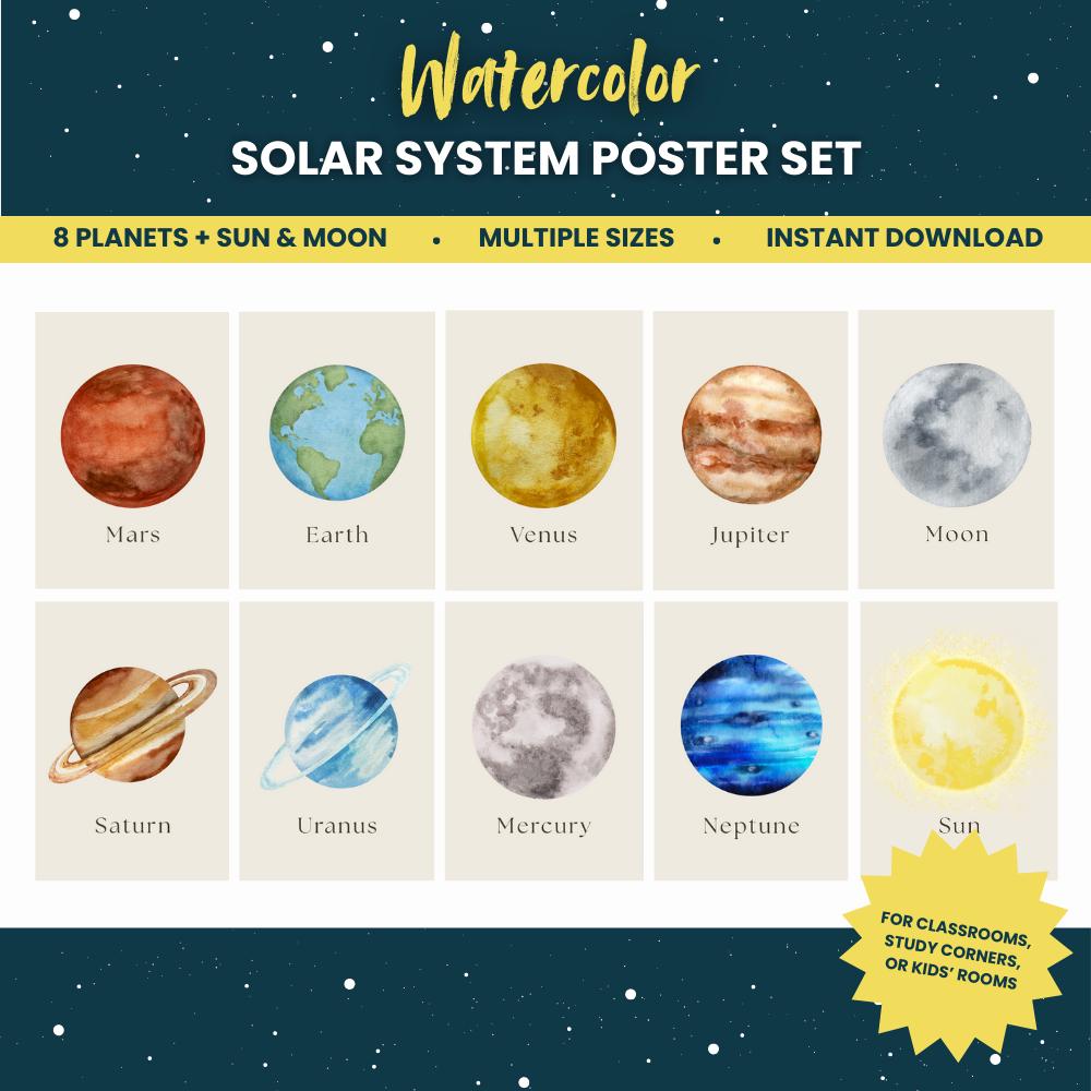 Watercolor Solar System Poster & Flashcards Bulletin Board Posters ...