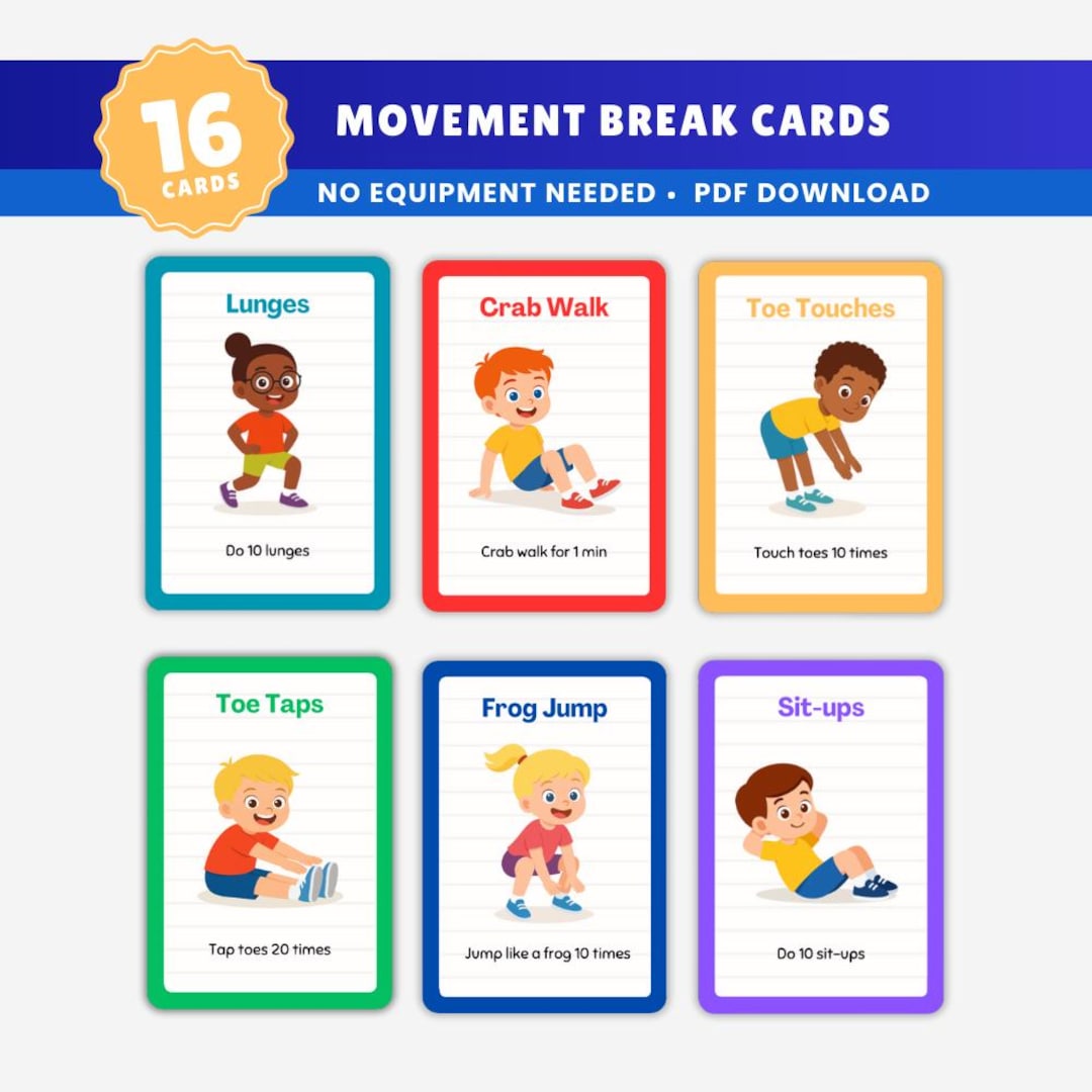 Movement Break Cards for Kids | 16 Printable Exercise Flashcards for ...