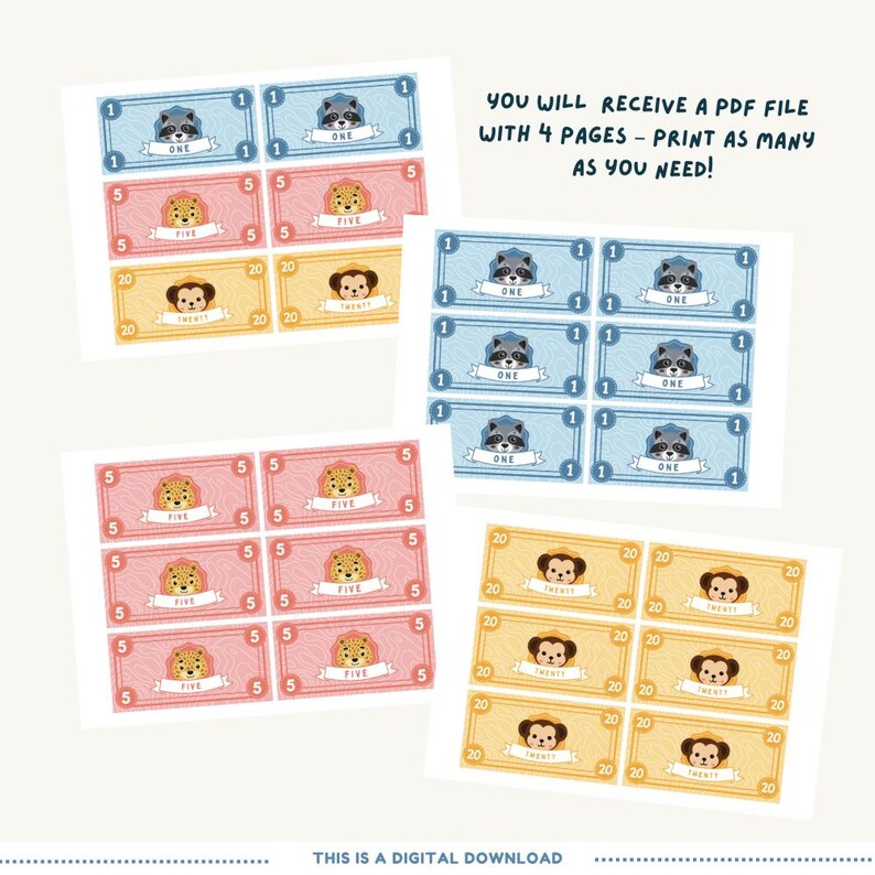 Animal Play Money: Printable Pretend Bills for Kids (PDF Download) - Etsy