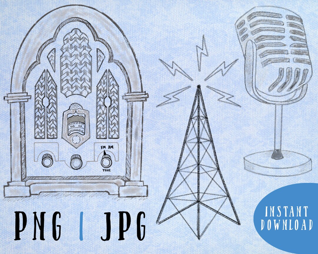 Vintage Radio Clip Art | Retro Radio, Microphone, and Tower Graphic ...