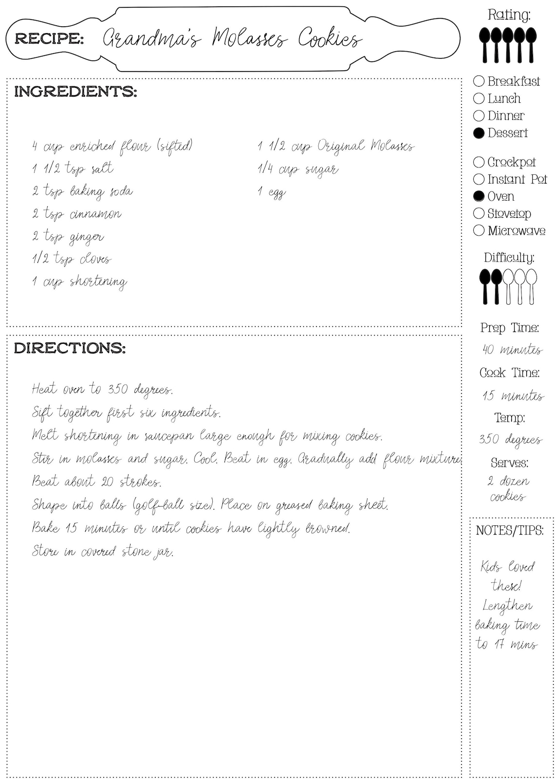 Printable Recipe Page 8.5 X 11 PDF Instant Digital Download Kitchen ...