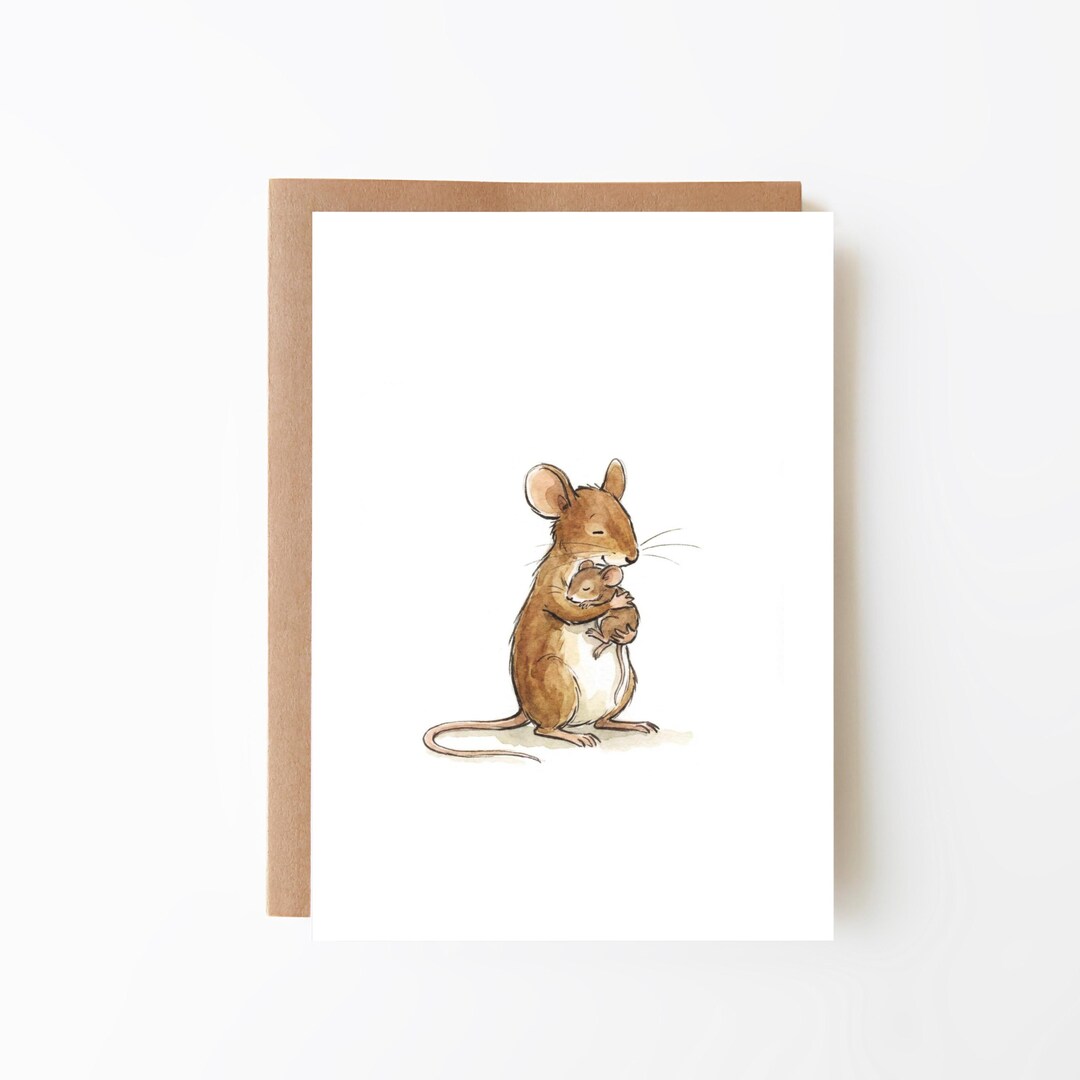 Watercolor Card Featuring a Mouse With a Baby - Birth Announcement Card ...
