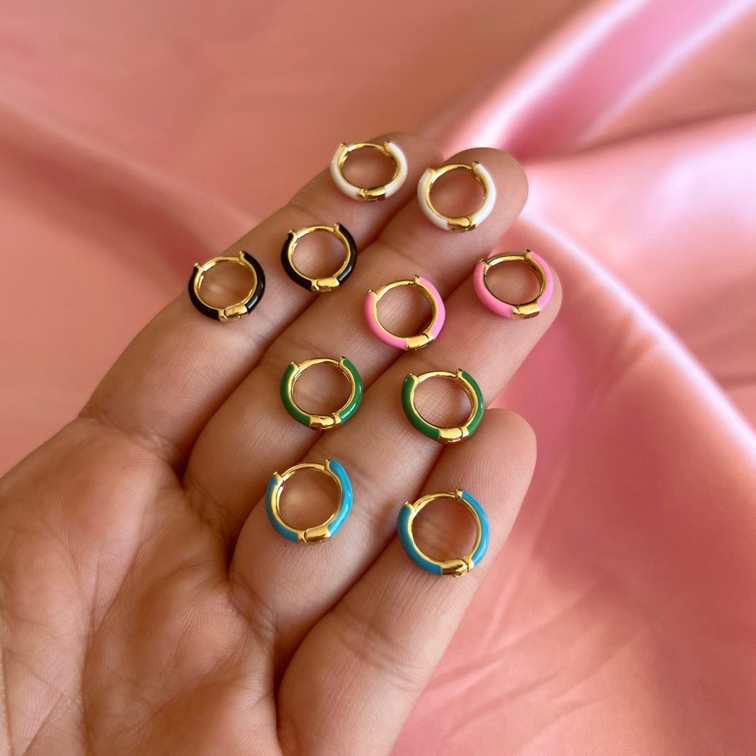 Enamel Ear Huggies, 18kt Gold Plate, Tiny Hoop Earrings, Hypoallergenic ...
