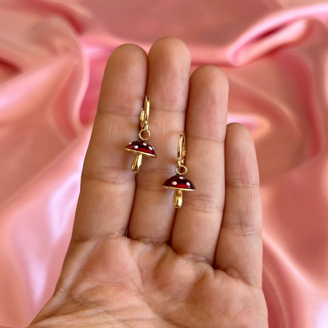 Mushroom Ear Huggies, 14kt Gold Plate, Enamel Jewelry, Small Tiny Hoops ...