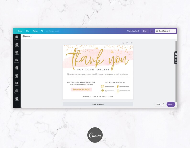 Editable Thank You Card Template Canva Thank You Card Thank - Etsy