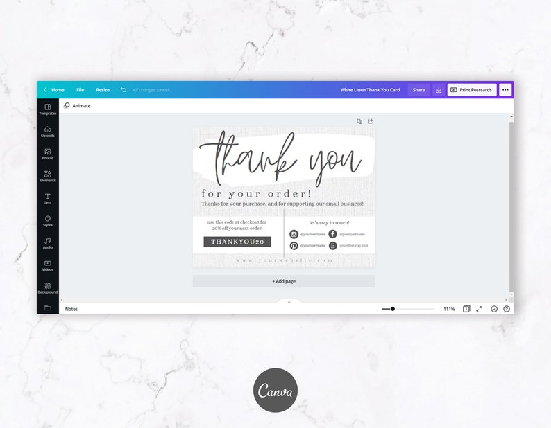 Editable Thank You Card Template Canva Template Thank You | Etsy