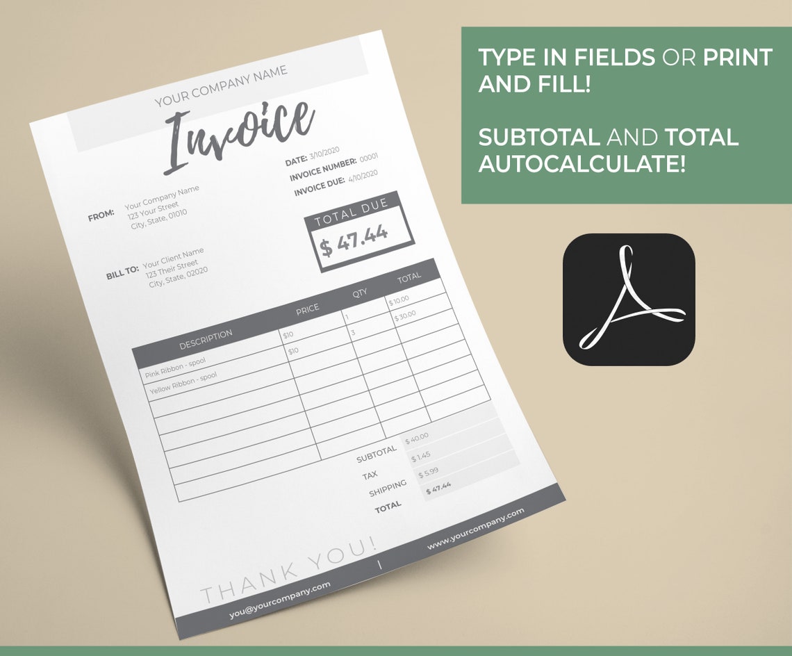 Invoice Template - Editable PDF Invoice, Printable Invoice Template ...