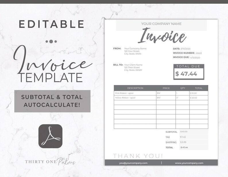 Invoice Template Editable PDF Invoice Printable Invoice - Etsy