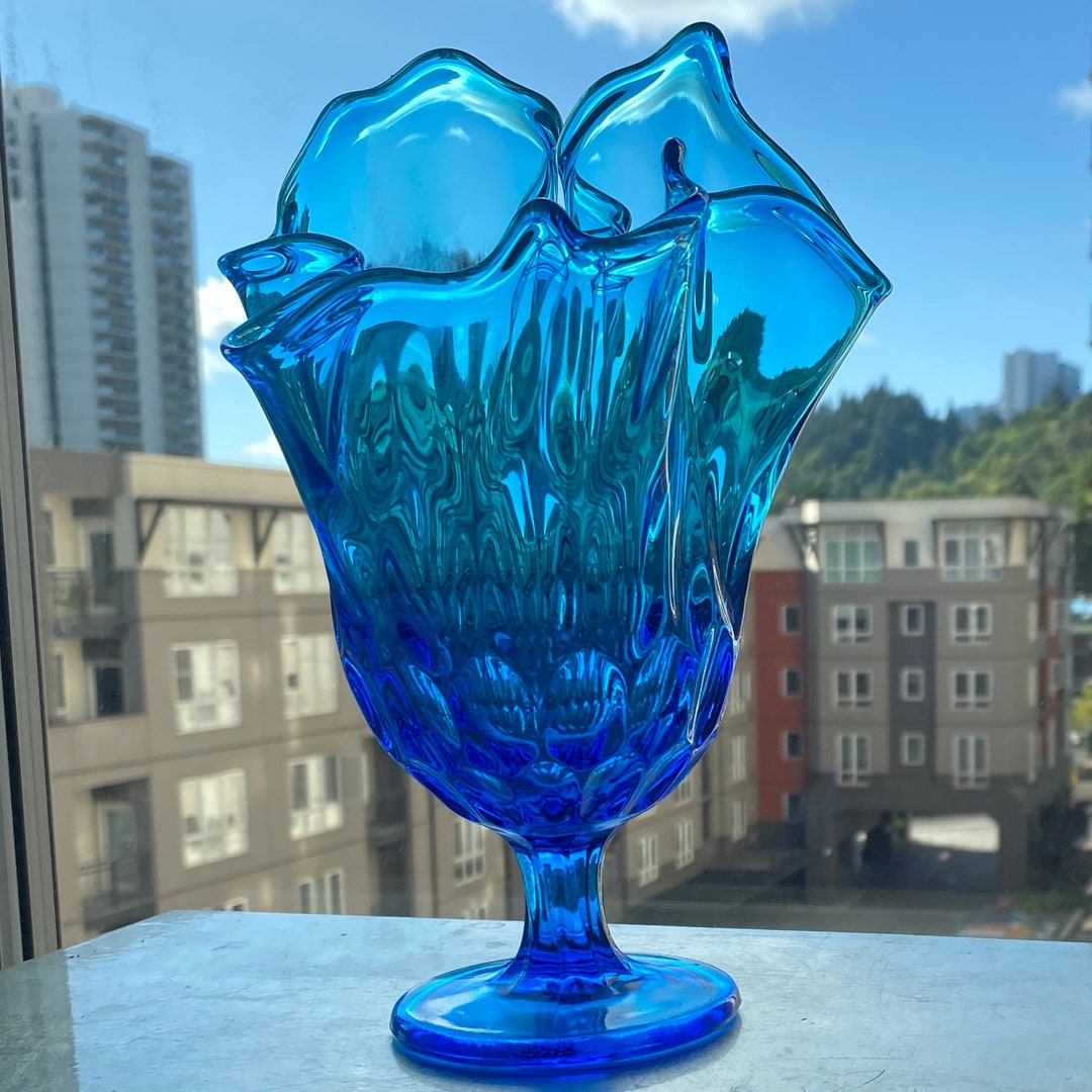 Teal Blue Glass Wave Vase, Vintage Turquoise Blue Glass Pedestal ...