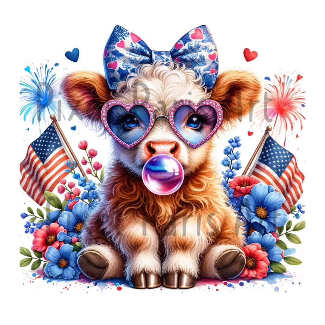 July 4th Highland Cow PNG, Merica Funny Cute Baby Cow Blowing Bubble ...