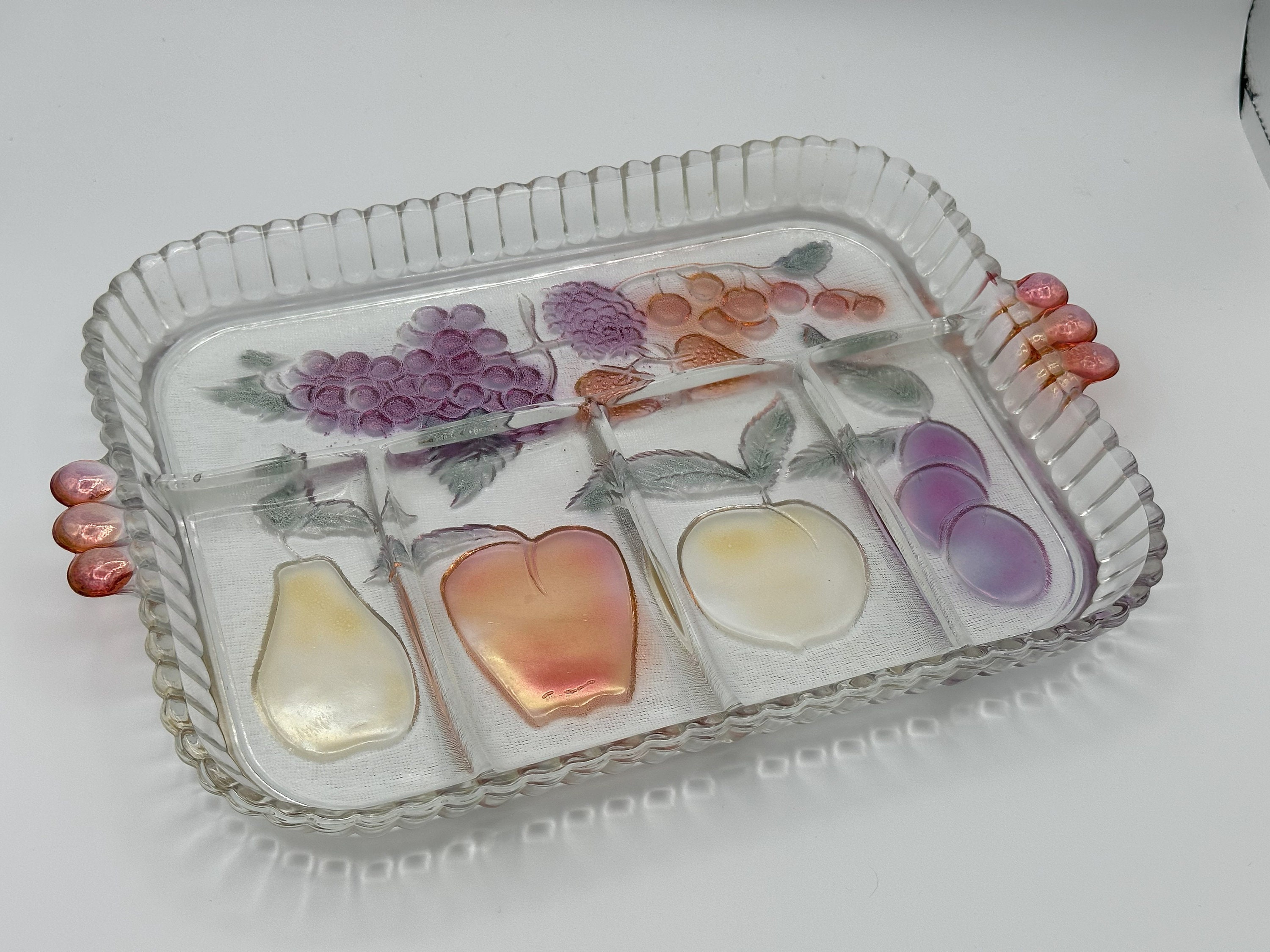 1980s Colorful Glass Fruit Tray With Dividers | Vintage Indiana Glass ...